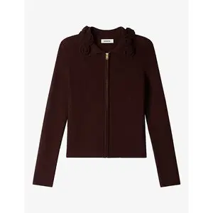 Sandro Floral-trim Zipped Wool-blend Cardigan - Brown