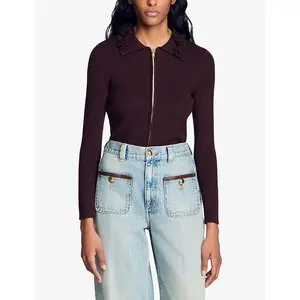 Sandro Floral-trim Zipped Wool-blend Cardigan
