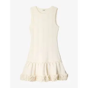 Sandro Floral Embellished Pleated Hem Knitted Mini Dress - Ecru