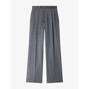 Sandro Rhinestone Check Wool Wide Leg Trousers - Dark Grey