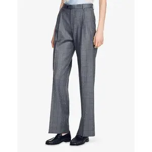 Sandro Rhinestone Check Wool Wide Leg Trousers