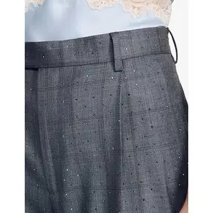 Sandro Rhinestone Check Wool Wide Leg Trousers