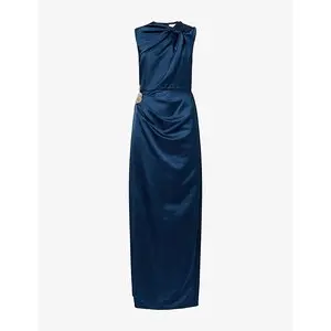 Erdem Draped Embroidered Satin Maxi Dress - Navy