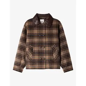 Sandro Checked Wool-blend Coat With Leather Collar - Brown
