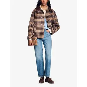 Sandro Checked Wool-blend Coat With Leather Collar