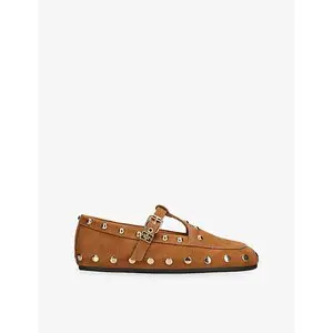GANNI Mary Jane Studded Suede Loafers - Camel
