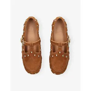 GANNI Mary Jane Studded Suede Loafers - Camel