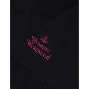 VIVIENNE WESTWOOD Brand-embroidered Fringed-trim Wool Scarf - Black