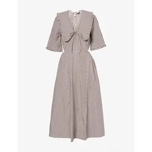 GANNI Checked Cotton Cut-out Midi Dress