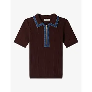 Sandro Contrast-collar Slim-fit Wool-blend Jumper - Brown