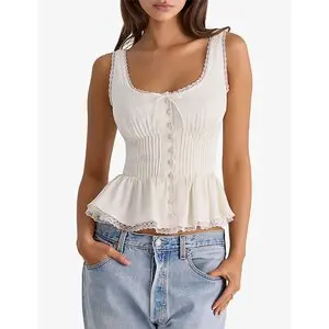 House Of Cb Effie Lace-trim Button-down Woven Top