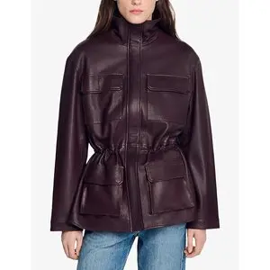 Sandro High-neck Four-pocket Leather Jacket