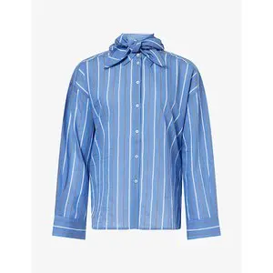 ME+EM Striped Cotton-blend Shirt With Removable Scarf - Blue Multi
