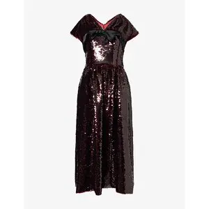 Simone Rocha Gathered Sleeve Sequin Embellished Midi Dress - Deep Red
