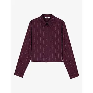 Maje Cropped Rhinestone-embellished Stretch Cotton-blend Shirt - Burgundy