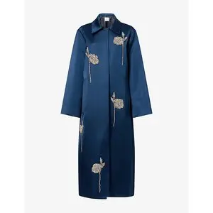 Erdem Floral Crystal-embroidered Satin Coat - Navy