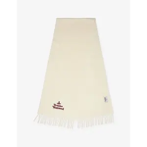 VIVIENNE WESTWOOD Brand-embroidered Fringed-trim Wool Scarf - White