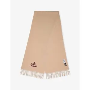 VIVIENNE WESTWOOD Brand-embroidered Fringed-trim Wool Scarf - Beige