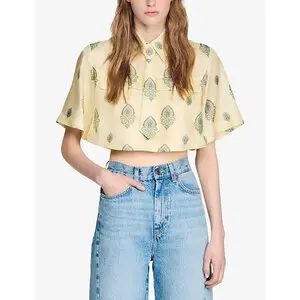 Sandro Paisley Cropped Satin Shirt With Short Sleeves And Chest Pockets