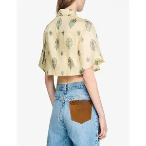 Sandro Paisley Cropped Satin Shirt With Short Sleeves And Chest Pockets