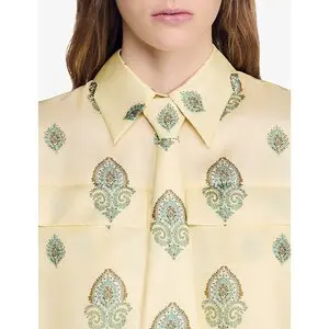 Sandro Paisley Cropped Satin Shirt With Short Sleeves And Chest Pockets