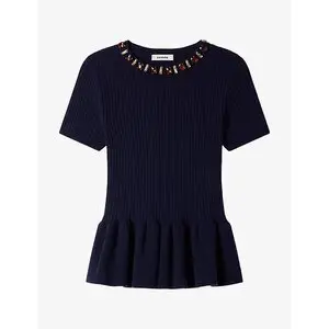 Sandro Embellished-trim Peplum-hem Wool-blend Jumper - Navy Blue