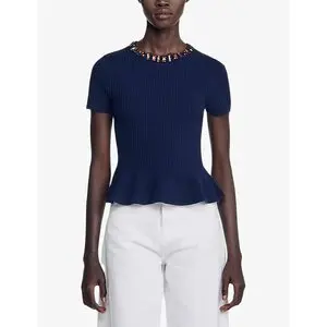 Sandro Embellished-trim Peplum-hem Wool-blend Jumper