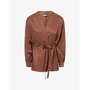 KAYANEE City Wrap-front Linen-blend Top - Mocha Brown