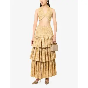 GRACE FAENA Tiered Beaded Silk Midi Skirt