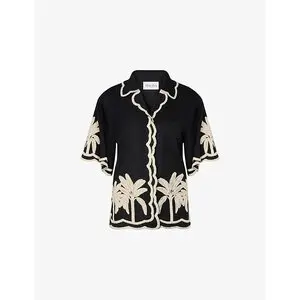 MALINA Armida Palm-embroidered Linen-blend Shirt - Black