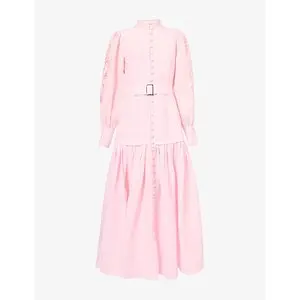 Mona Alshebil Embroidered Sleeve Belted Cotton Maxi Dress - Pink