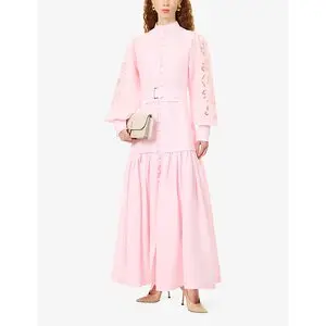 Mona Alshebil Embroidered Sleeve Belted Cotton Maxi Dress