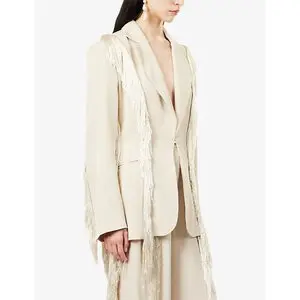 REBIRTH Single-breasted Woven Blazer With Fringe Detail