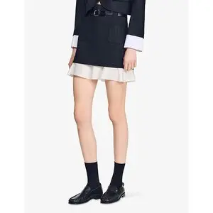 Sandro Ruffled-hem Belted Woven Mini Skirt