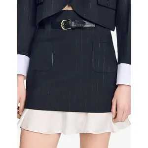 Sandro Ruffled-hem Belted Woven Mini Skirt