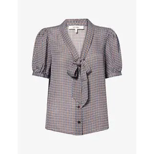 FRAME Houndstooth Silk Blouse With Scarf Tie