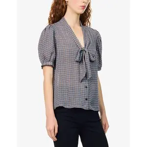 FRAME Houndstooth Silk Blouse With Scarf Tie
