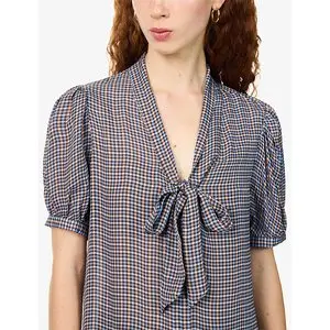 FRAME Houndstooth Silk Blouse With Scarf Tie