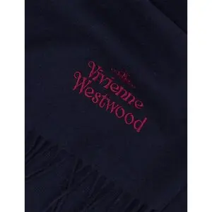 VIVIENNE WESTWOOD Brand-embroidered Fringed-trim Wool Scarf - Dark Blue