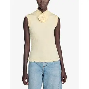 Sandro Flower Detail Smocked Stretch-woven Top - Vanilla