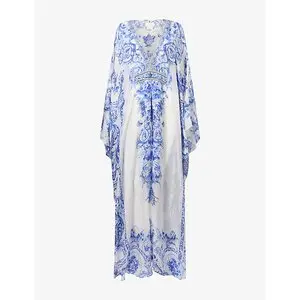 Camilla Porcelain Print V-neck Silk Kaftan