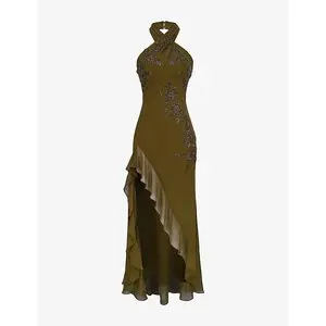 House Of Cb Raquel Georgette Halter-neck Woven Maxi Dress - Sage
