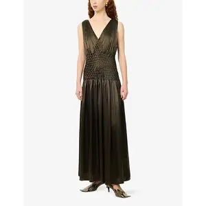 Khaite Smocked-waist Silk Maxi Dress - Dark Olive