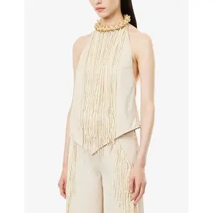 REBIRTH Fringed Bead-embellished Woven High Neck Top