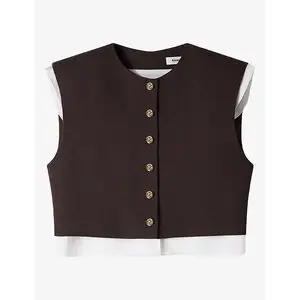 Sandro Cropped Wool-blend Top With Contrast Layer And Gold-tone Buttons