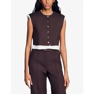 Sandro Cropped Wool-blend Top With Contrast Layer And Gold-tone Buttons