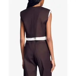 Sandro Cropped Wool-blend Top With Contrast Layer And Gold-tone Buttons