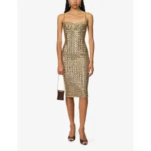 NADINE MERABI Sequin-embellished Sweetheart Neck Midi Dress