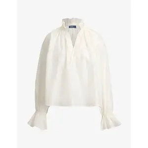 Polo Ralph Lauren V-neck Frilled Cotton And Silk Blouse - White