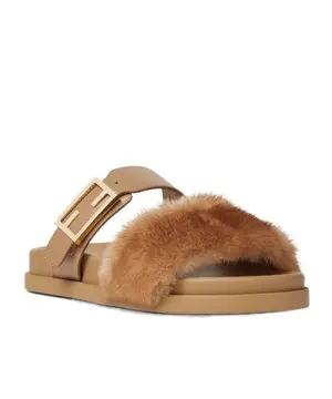 Fendi Ff Buckle Double-band Slides With Mink Detail